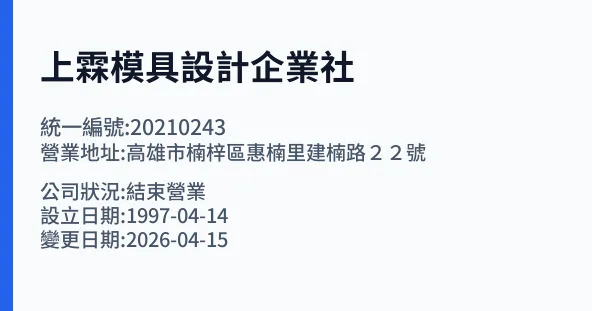 上霖模具設計企業社的照片-統編 20210243(高雄市) 公司登記資料與營業項目詳細圖表