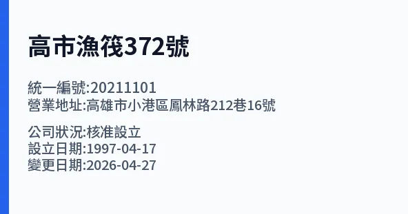 高市漁筏372號的照片-統編 20211101(高雄市) 公司登記資料與營業項目詳細圖表
