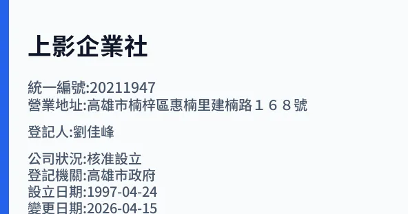 上影企業社的照片-統編 20211947(高雄市) 公司登記資料與營業項目詳細圖表
