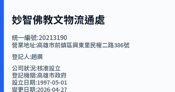 妙智佛教文物流通處的照片-統編 20213190(高雄市) 公司登記資料與營業項目詳細圖表