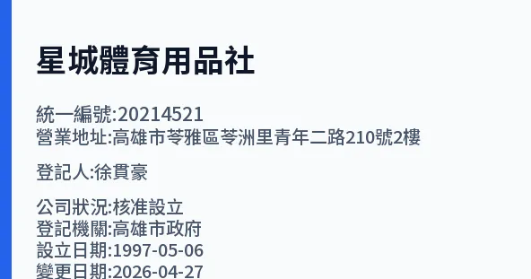 星城體育用品社的照片-統編 20214521(高雄市) 公司登記資料與營業項目詳細圖表