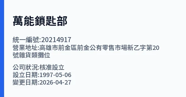 萬能鎖匙部的照片-統編 20214917(高雄市) 公司登記資料與營業項目詳細圖表
