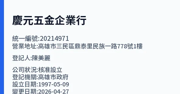 慶元五金企業行的照片-統編 20214971(高雄市) 公司登記資料與營業項目詳細圖表