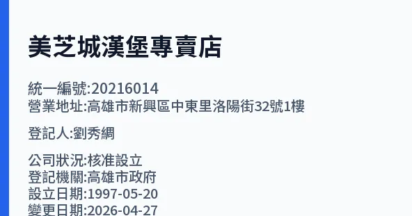 美芝城漢堡專賣店的照片-統編 20216014(高雄市) 公司登記資料與營業項目詳細圖表