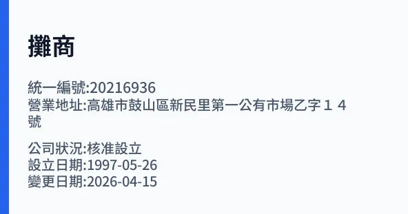 攤商的照片-統編 20216936(高雄市) 公司登記資料與營業項目詳細圖表