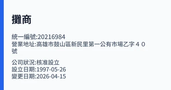 攤商的照片-統編 20216984(高雄市) 公司登記資料與營業項目詳細圖表