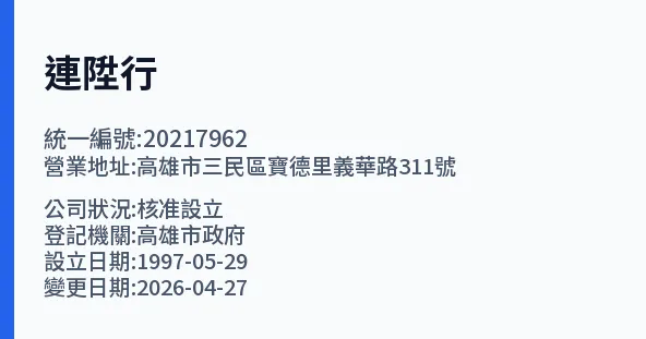 連陞行的照片-統編 20217962(高雄市) 公司登記資料與營業項目詳細圖表