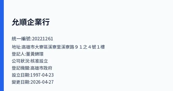 允順企業行的照片-統編 20221261(高雄市) 公司登記資料與營業項目詳細圖表