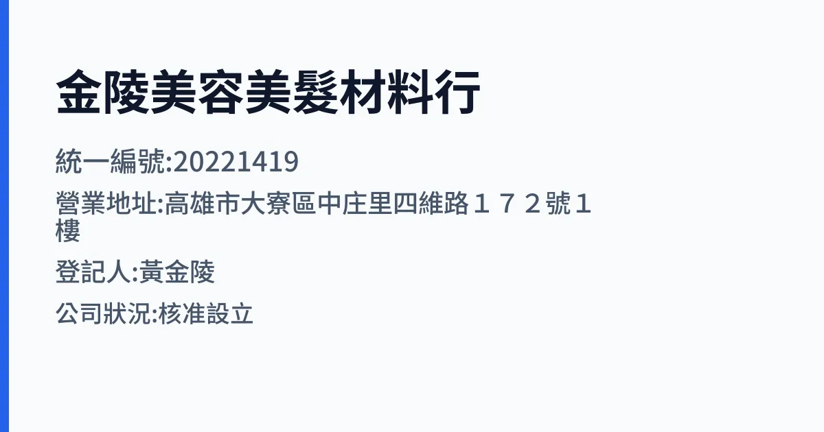 金陵美容美髮材料行 - 統編 20221419(高雄市) 公司登記資料與營業項目詳細圖表