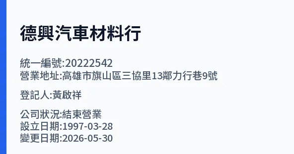 德興汽車材料行的照片-統編 20222542(高雄市) 公司登記資料與營業項目詳細圖表