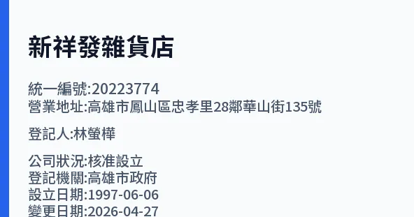 新祥發雜貨店的照片-統編 20223774(高雄市) 公司登記資料與營業項目詳細圖表