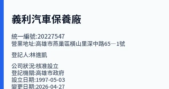 義利汽車保養廠的照片-統編 20227547(高雄市) 公司登記資料與營業項目詳細圖表
