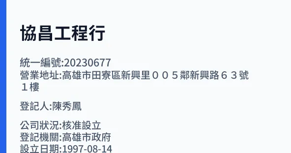 協昌工程行的照片-統編 20230677(高雄市) 公司登記資料與營業項目詳細圖表