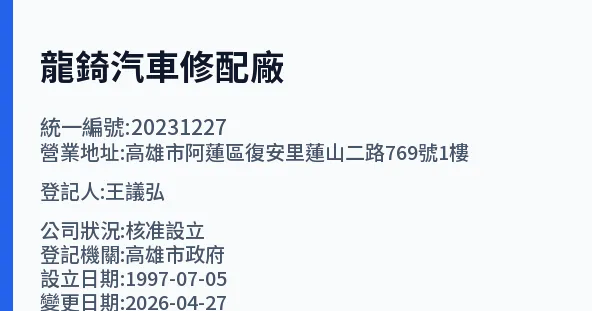 龍錡汽車修配廠的照片-統編 20231227(高雄市) 公司登記資料與營業項目詳細圖表