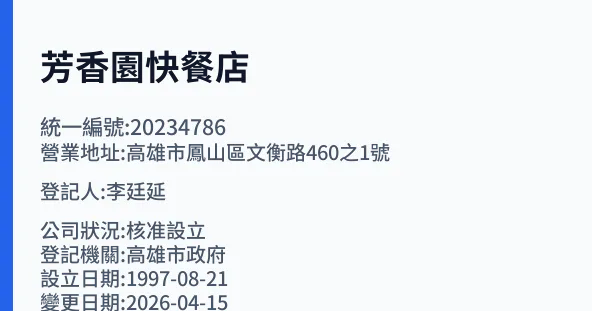 芳香園快餐店的照片-統編 20234786(高雄市) 公司登記資料與營業項目詳細圖表