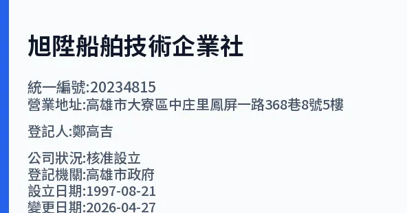 旭陞船舶技術企業社的照片-統編 20234815(高雄市) 公司登記資料與營業項目詳細圖表