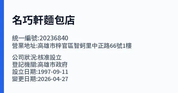 名巧軒麵包店的照片-統編 20236840(高雄市) 公司登記資料與營業項目詳細圖表