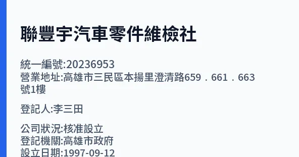 聯豐宇汽車零件維檢社的照片-統編 20236953(高雄市) 公司登記資料與營業項目詳細圖表