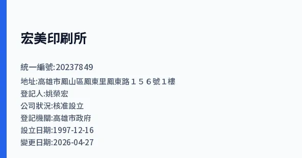 宏美印刷所的照片-統編 20237849(高雄市) 公司登記資料與營業項目詳細圖表