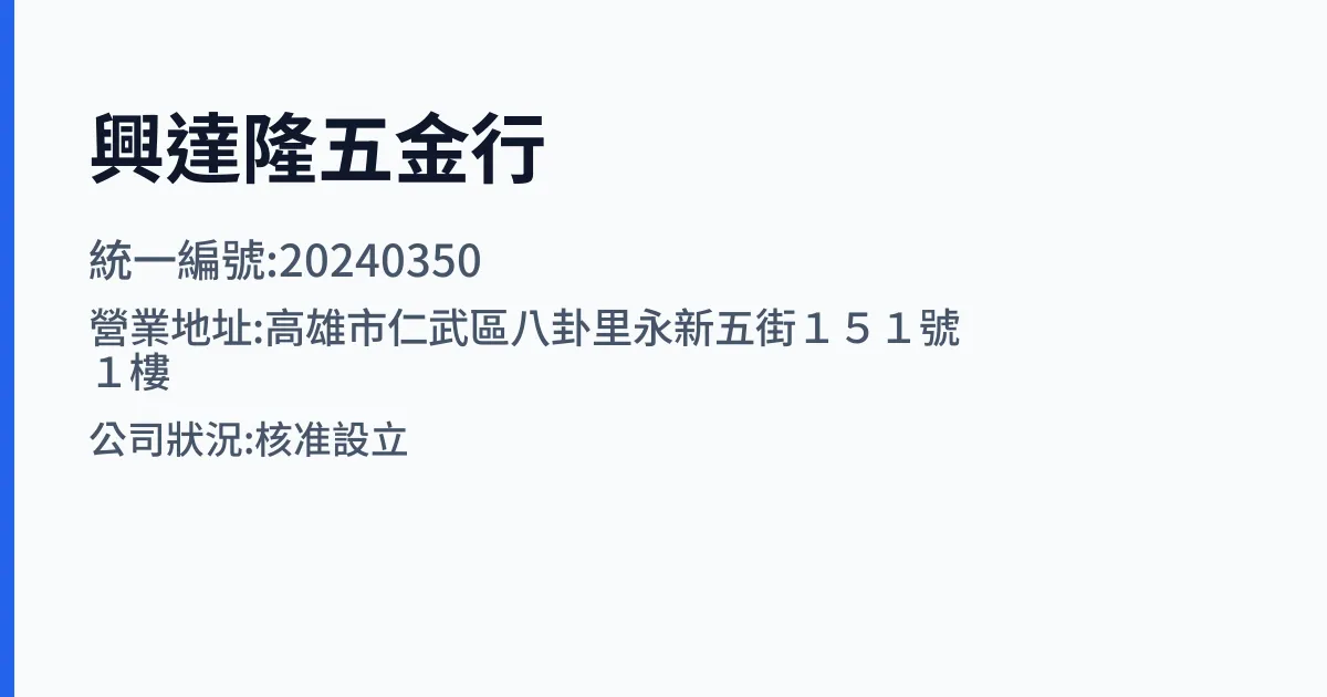 興達隆五金行 - 統編 20240350(高雄市) 公司登記資料與營業項目詳細圖表