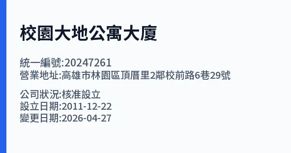 校園大地公寓大廈的照片-統編 20247261(高雄市) 公司登記資料與營業項目詳細圖表