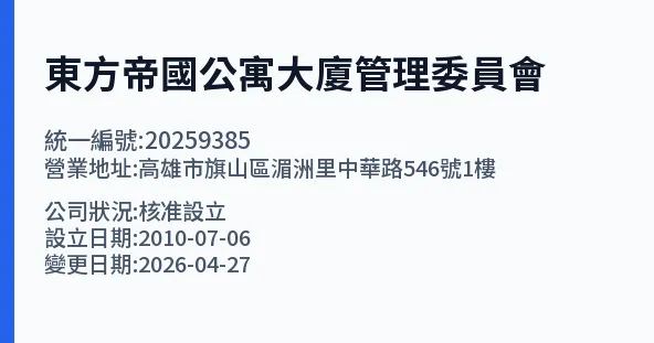 東方帝國公寓大廈管理委員會的照片-統編 20259385(高雄市) 公司登記資料與營業項目詳細圖表