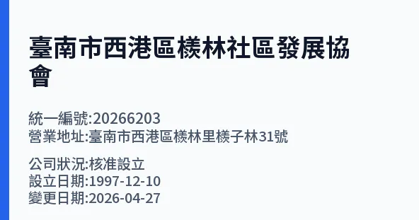 臺南市西港區檨林社區發展協會的照片-統編 20266203(臺南市) 公司登記資料與營業項目詳細圖表