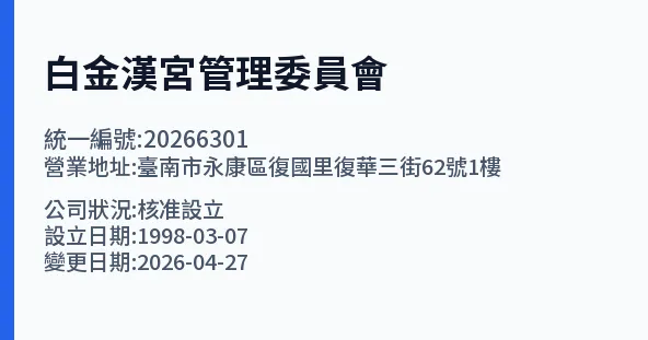 白金漢宮管理委員會的照片-統編 20266301(臺南市) 公司登記資料與營業項目詳細圖表