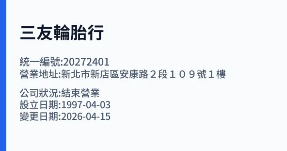 三友輪胎行的照片-統編 20272401(新北市) 公司登記資料與營業項目詳細圖表