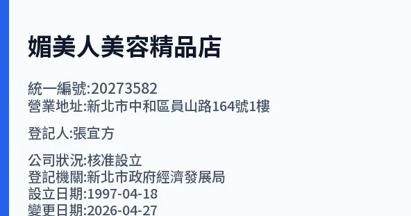 媚美人美容精品店的照片-統編 20273582(新北市) 公司登記資料與營業項目詳細圖表