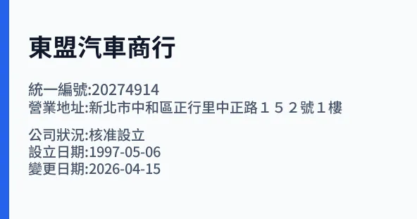 東盟汽車商行的照片-統編 20274914(新北市) 公司登記資料與營業項目詳細圖表