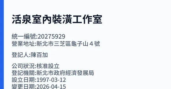 活泉室內裝潢工作室的照片-統編 20275929(新北市) 公司登記資料與營業項目詳細圖表