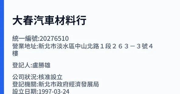 大春汽車材料行的照片-統編 20276510(新北市) 公司登記資料與營業項目詳細圖表