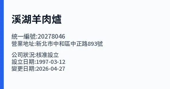 溪湖羊肉爐的照片-統編 20278046(新北市) 公司登記資料與營業項目詳細圖表