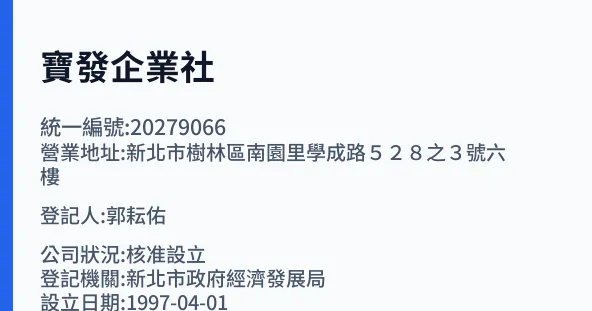 寶發企業社的照片-統編 20279066(新北市) 公司登記資料與營業項目詳細圖表