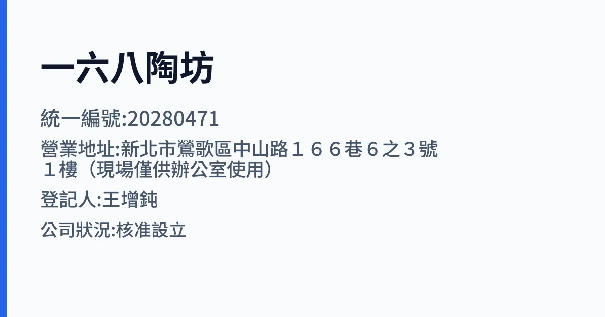 一六八陶坊 - 統編 20280471(新北市) 公司登記資料與營業項目詳細圖表