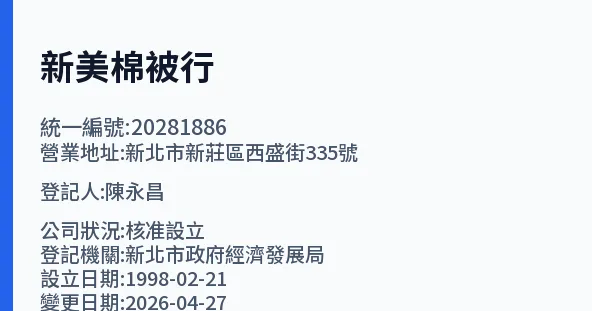 新美棉被行的照片-統編 20281886(新北市) 公司登記資料與營業項目詳細圖表