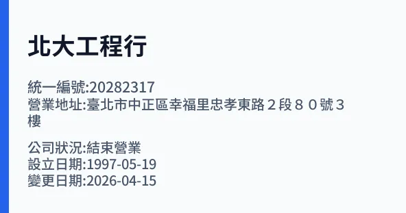 北大工程行的照片-統編 20282317(臺北市) 公司登記資料與營業項目詳細圖表