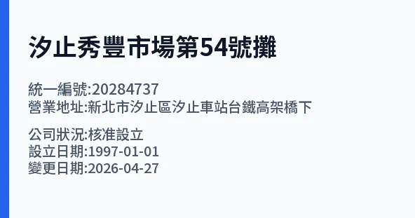 汐止秀豐市場第54號攤的照片-統編 20284737(新北市) 公司登記資料與營業項目詳細圖表