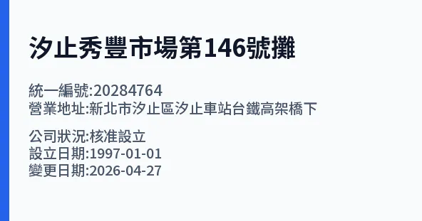 汐止秀豐市場第146號攤的照片-統編 20284764(新北市) 公司登記資料與營業項目詳細圖表
