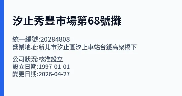 汐止秀豐市場第68號攤的照片-統編 20284808(新北市) 公司登記資料與營業項目詳細圖表