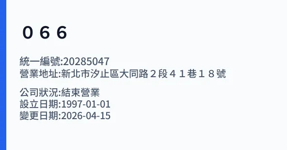 ０６６的照片-統編 20285047(新北市) 公司登記資料與營業項目詳細圖表