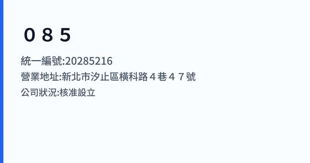 ０８５ - 統編 20285216(新北市) 公司登記資料與營業項目詳細圖表