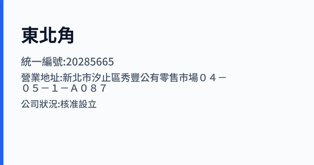 東北角 - 統編 20285665(新北市) 公司登記資料與營業項目詳細圖表