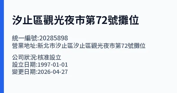 汐止區觀光夜市第72號攤位的照片-統編 20285898(新北市) 公司登記資料與營業項目詳細圖表