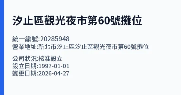 汐止區觀光夜市第60號攤位的照片-統編 20285948(新北市) 公司登記資料與營業項目詳細圖表