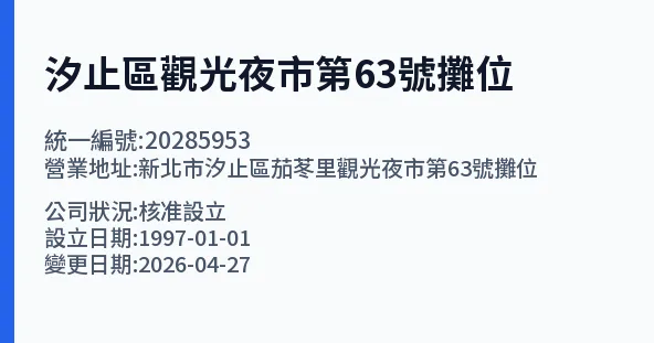 汐止區觀光夜市第63號攤位的照片-統編 20285953(新北市) 公司登記資料與營業項目詳細圖表