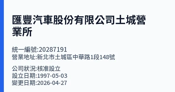 匯豐汽車股份有限公司土城營業所的照片-統編 20287191(新北市) 公司登記資料與營業項目詳細圖表