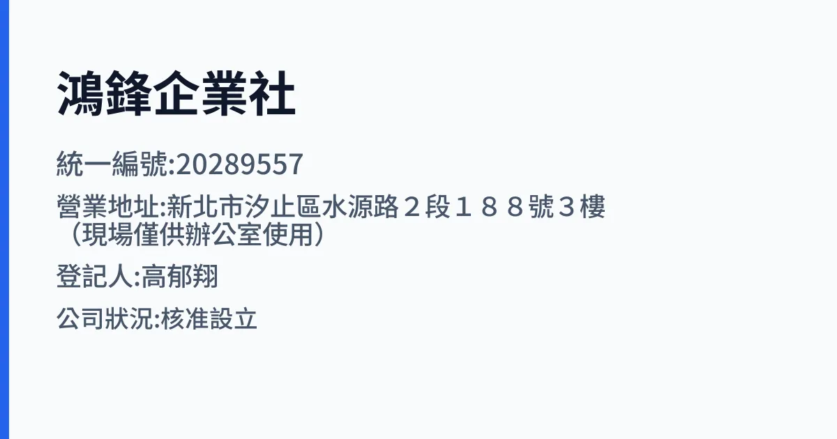鴻鋒企業社 - 統編 20289557(新北市) 公司登記資料與營業項目詳細圖表
