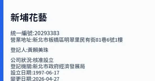 新埔花藝的照片-統編 20293383(新北市) 公司登記資料與營業項目詳細圖表